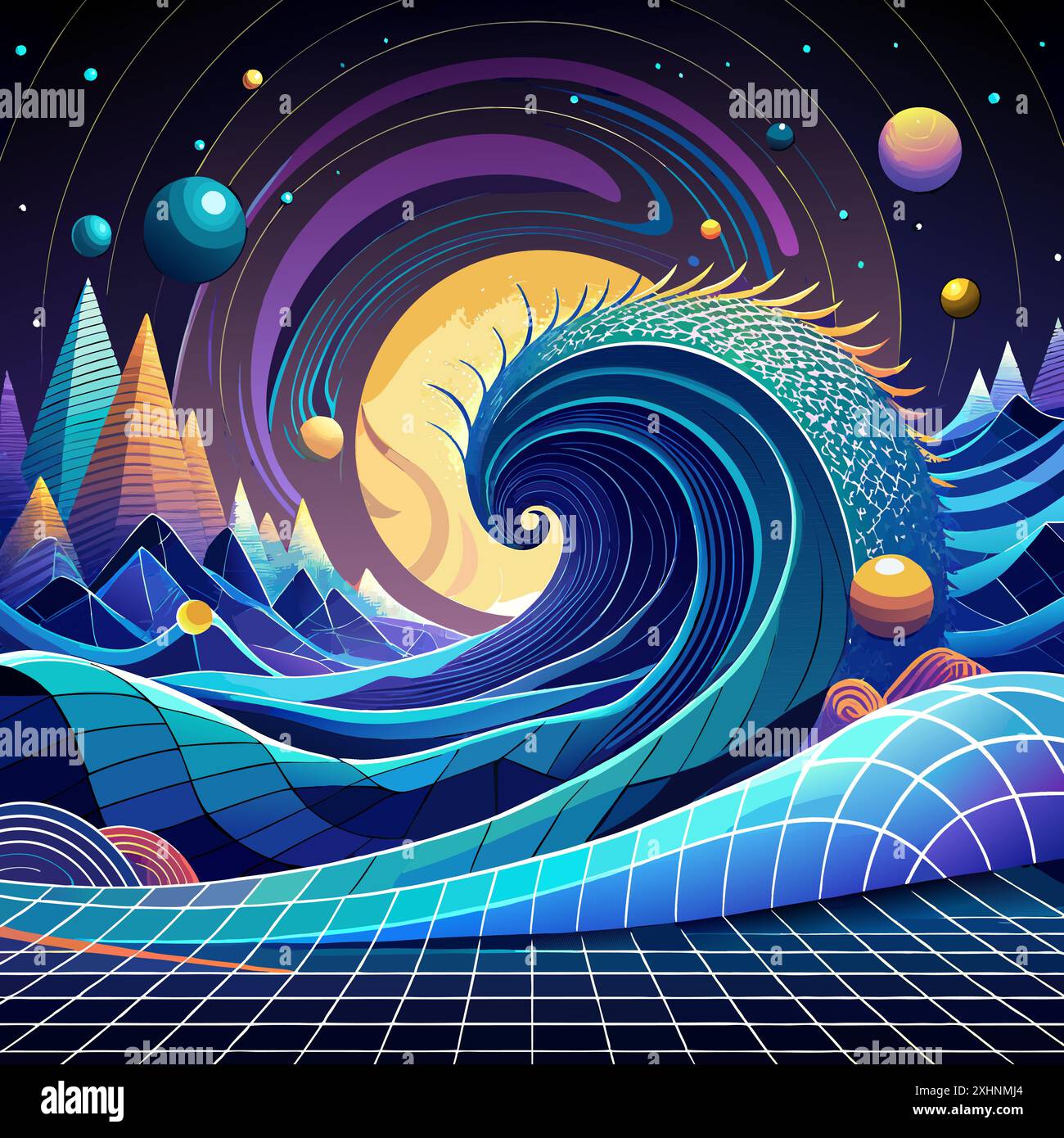 Abstract waves with pulsating particles, futuristic motion background design, vector elements ...