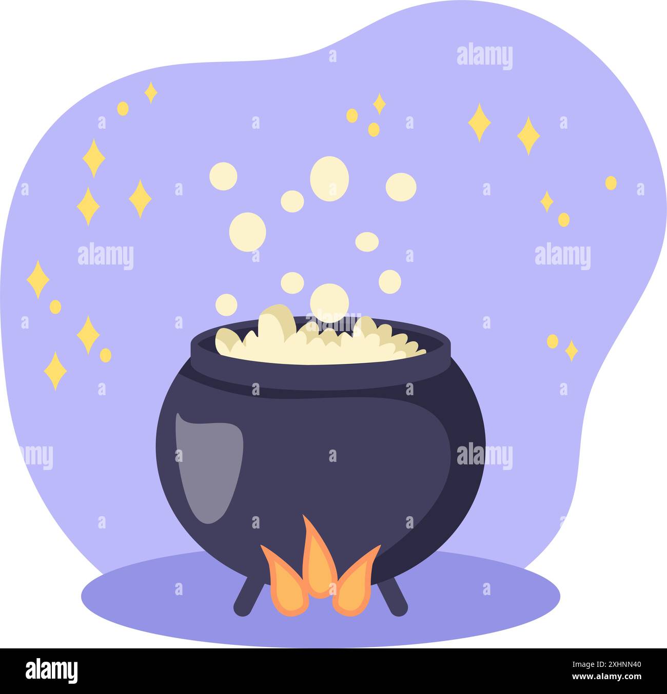 Cartoon style illustration of a magic potion boiling in a cast iron ...