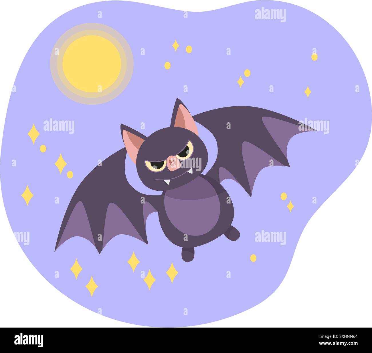 Cute purple bat flying at night with full moon, halloween illustration ...