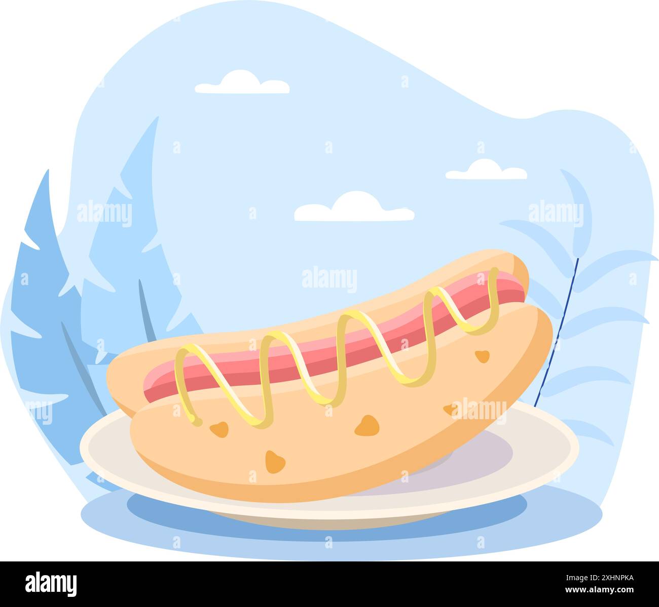 Delicious hot dog with mustard lying on plate on summer background ...