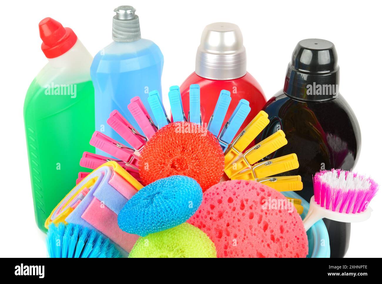 Set of household chemicals and brushes for cleaning isolated on white ...