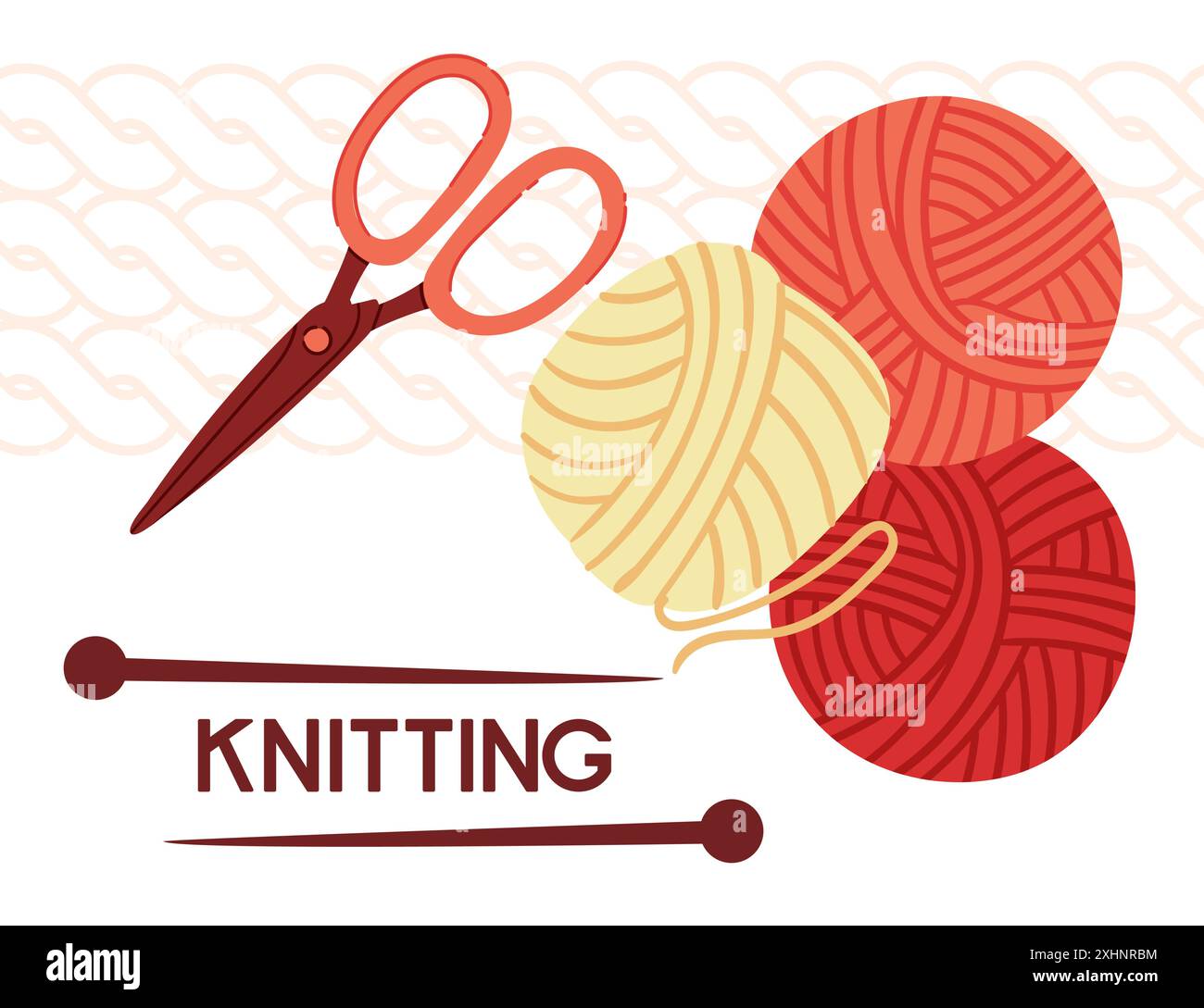 Knitting banner design, retro style in red color. Scissors and balls of ...
