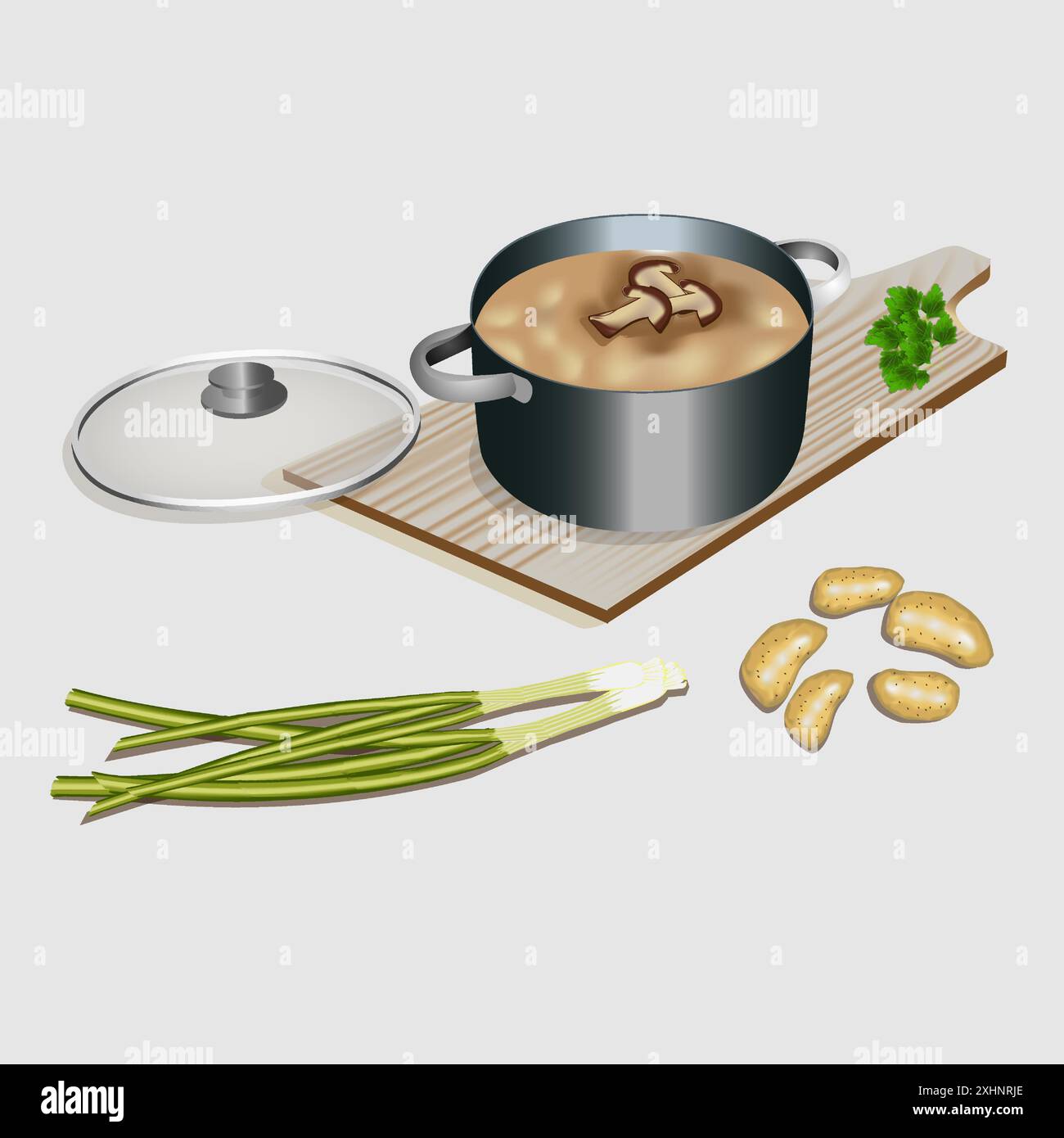 cooking mushroom soup with potatoes, green onions and parsley, vector ...