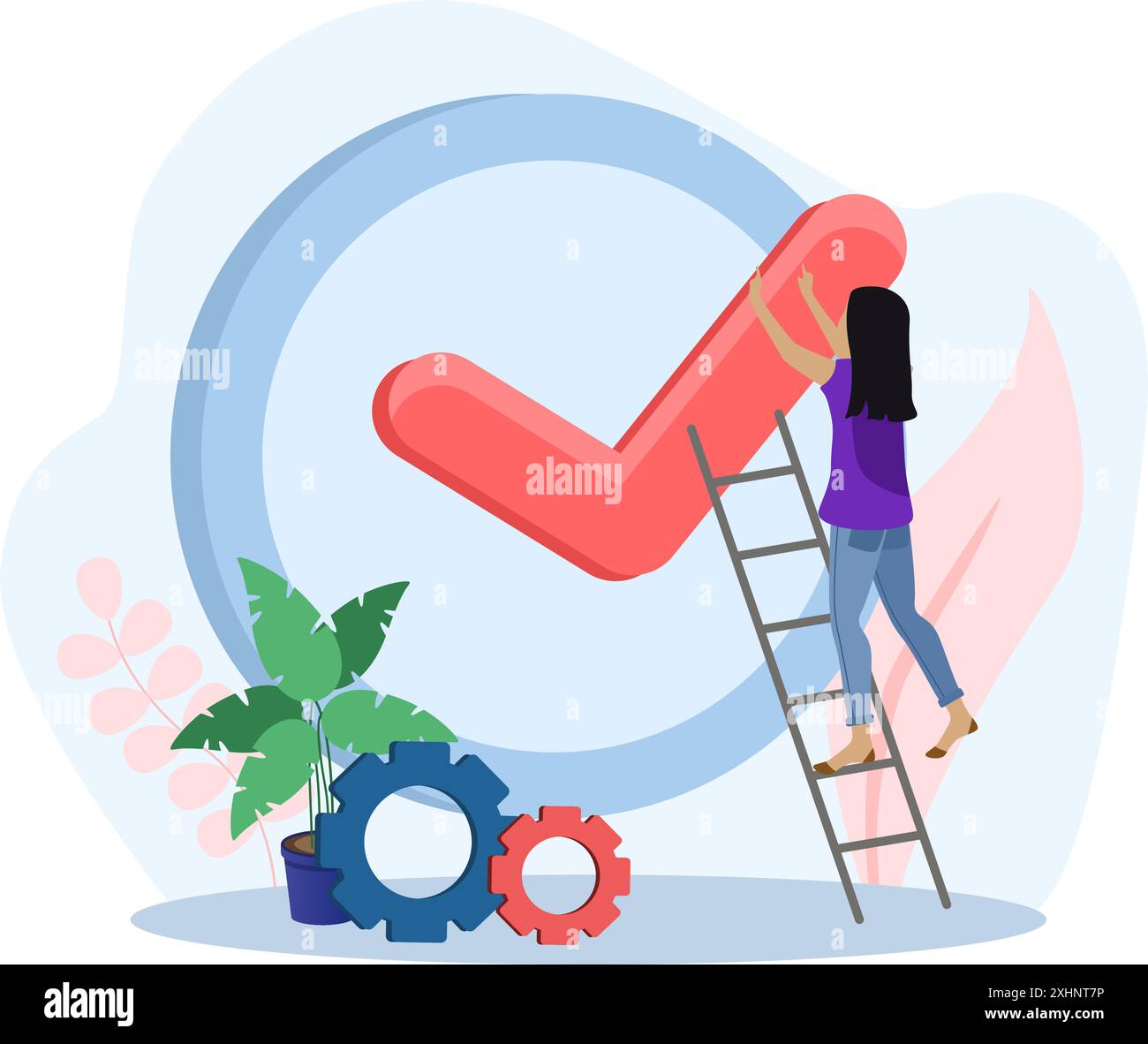 Businesswoman climbing up to put big check mark in circle using ladder ...