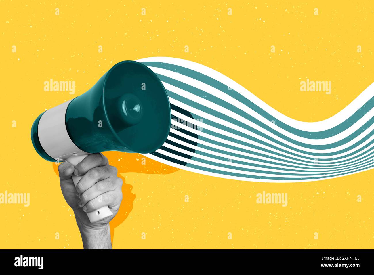 Composite photo collage of human hand hold loudspeaker retro device ...