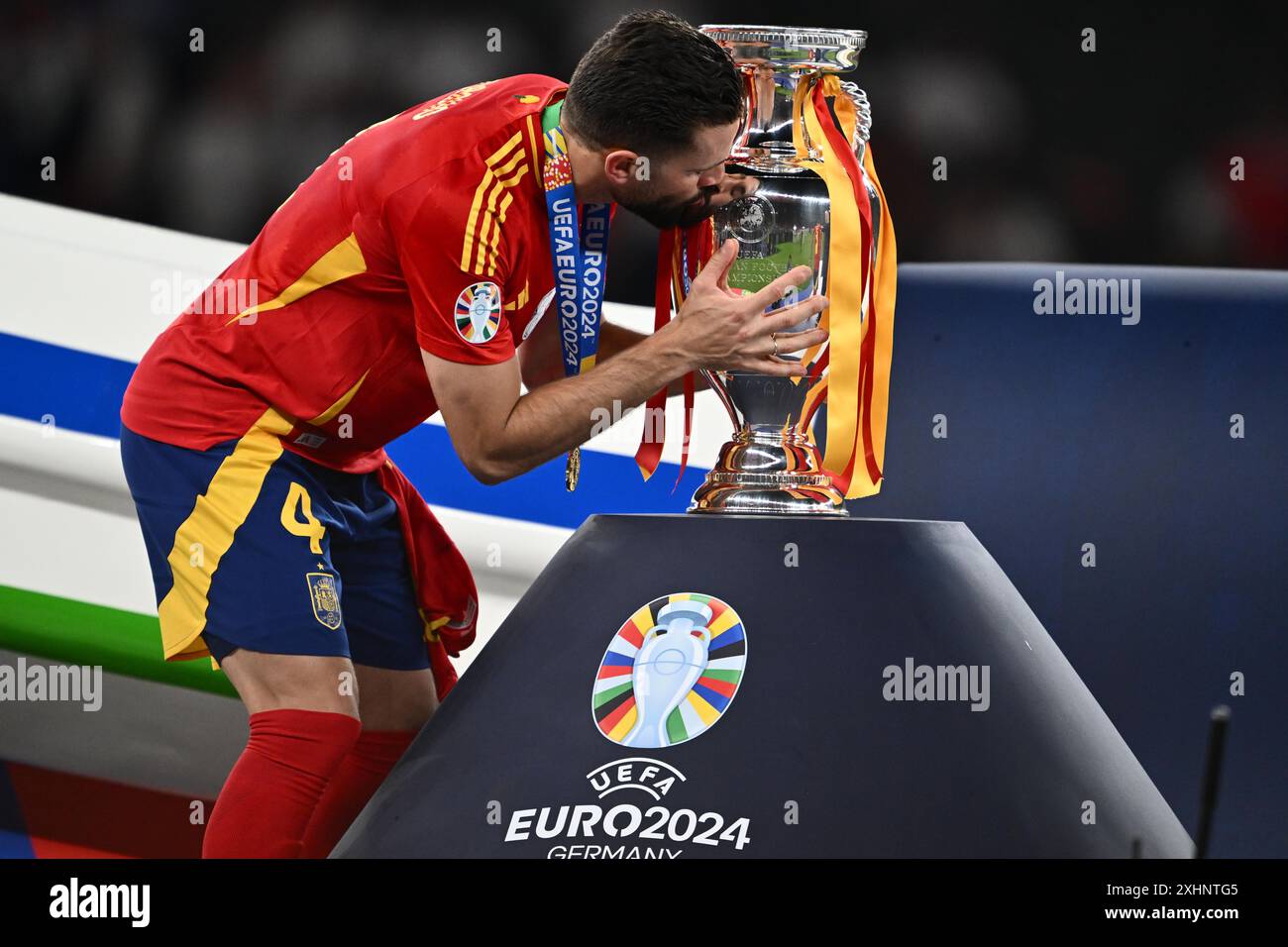 BERLIN, GERMANY - JULY 14: Nacho of Spain kisses the trophy after his ...