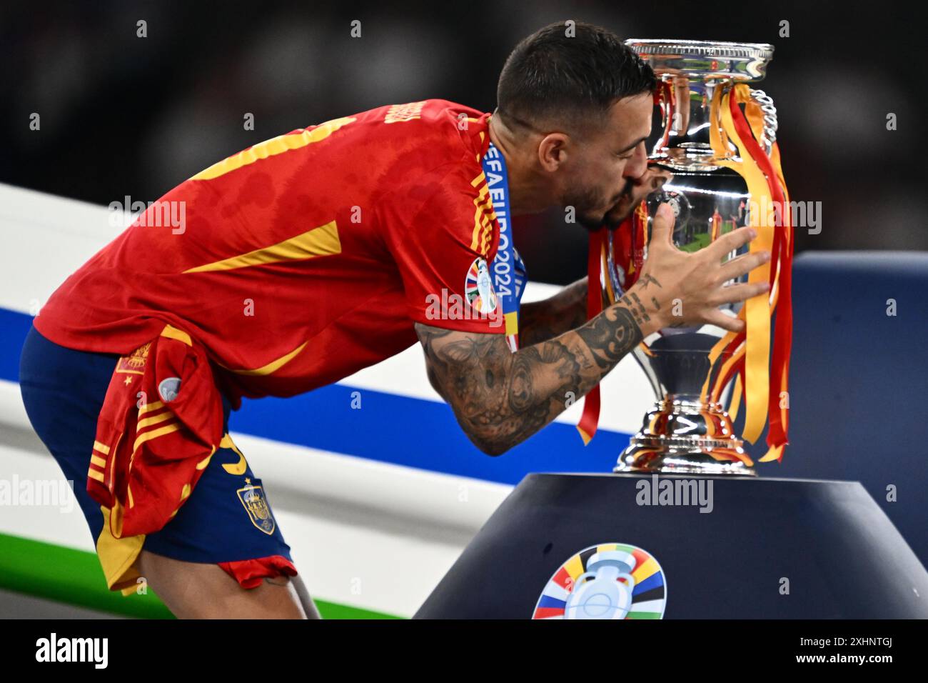 BERLIN, GERMANY - JULY 14: Joselu of Spain kisses the trophy after his ...
