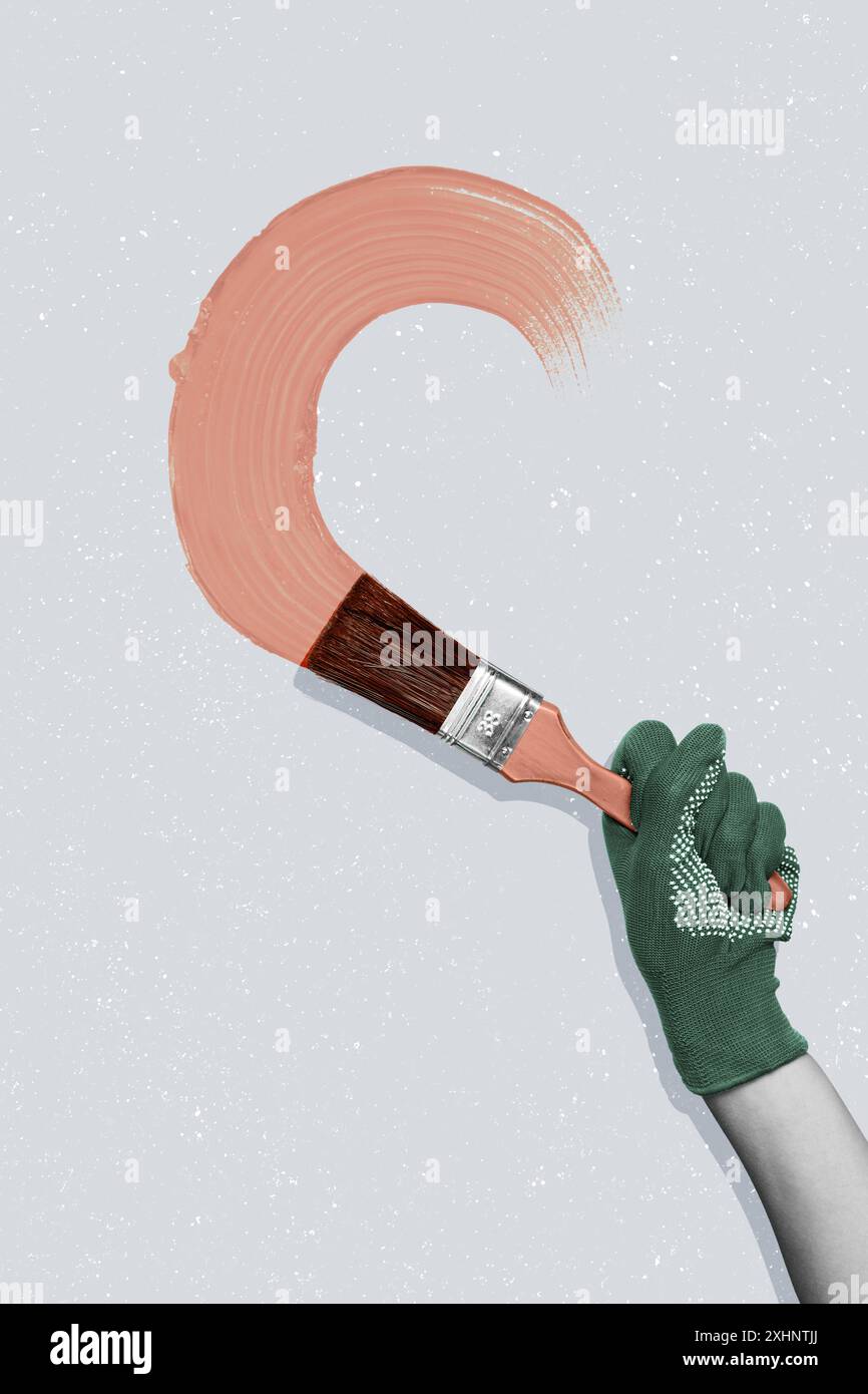 Vertical photo collage of artist hand orange paint color draw wall ...