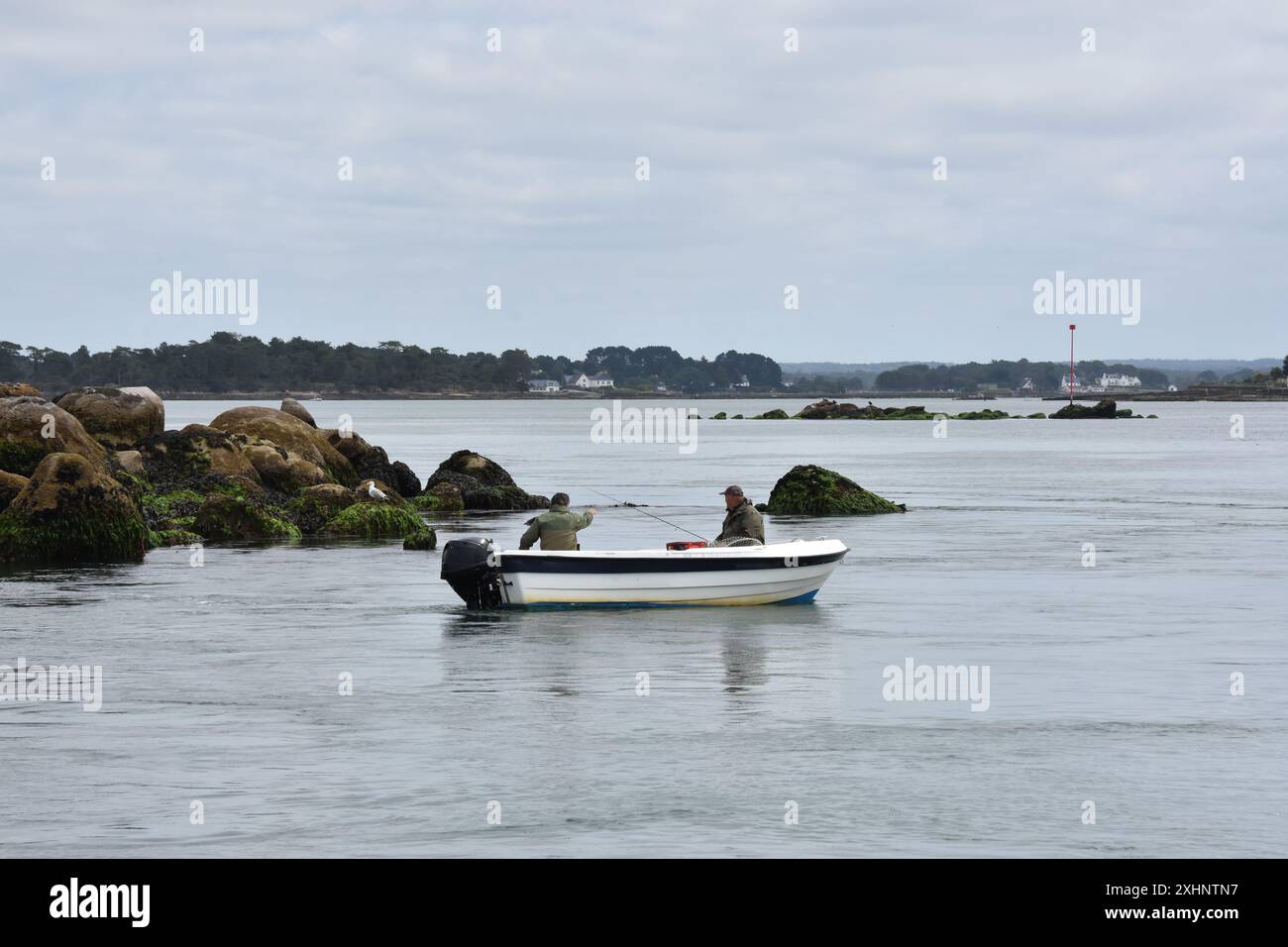 Two people fishing on a boat, , Ria d''Etel, Golf Of Morbihan, Beauty ...