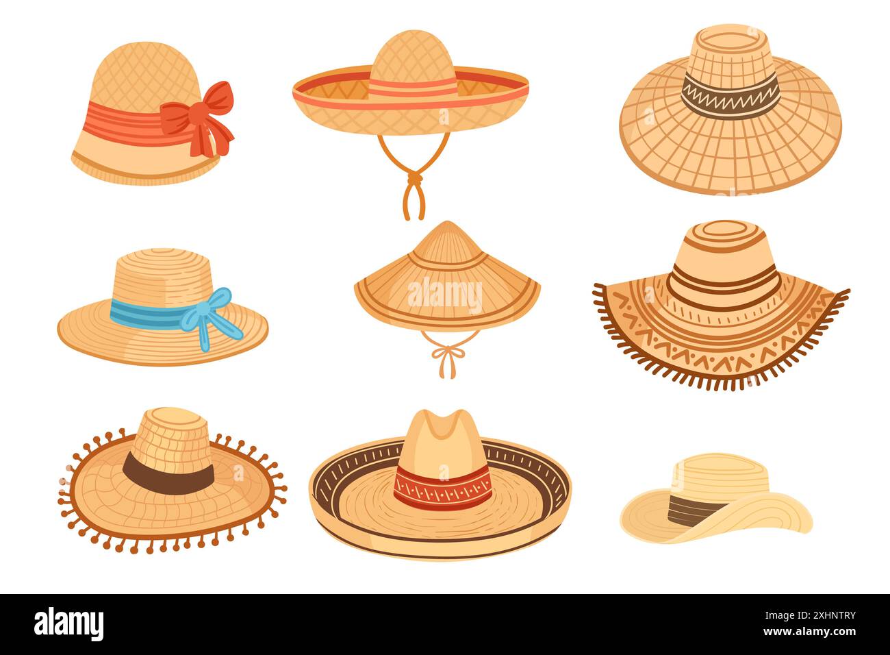 Set of straw hats from different cultures vector illustration isolated ...