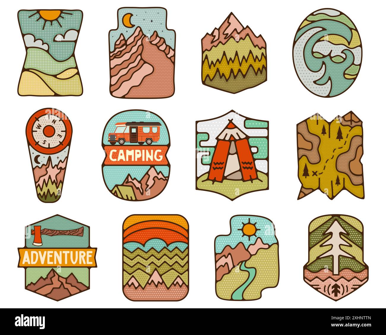 Outdoor adventure badges set. Camping adventure labels in retro flat ...