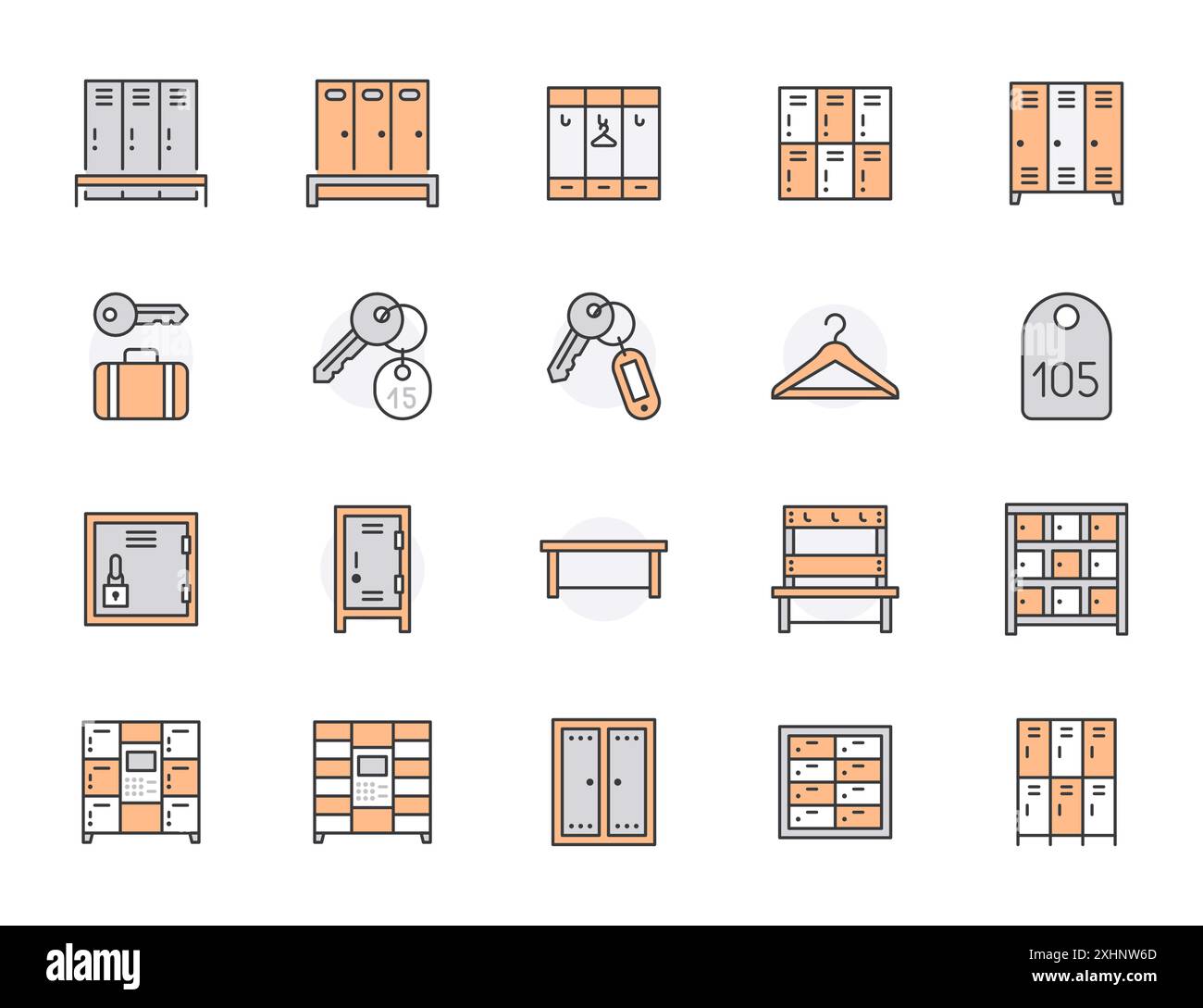 Locker room flat line icons set. Gym, school lockers, automatic left ...