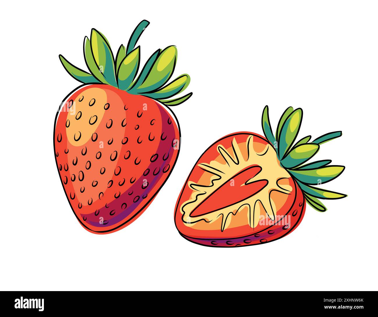 Set of hand drawn fresh red strawberries with green leaves. Whole and ...