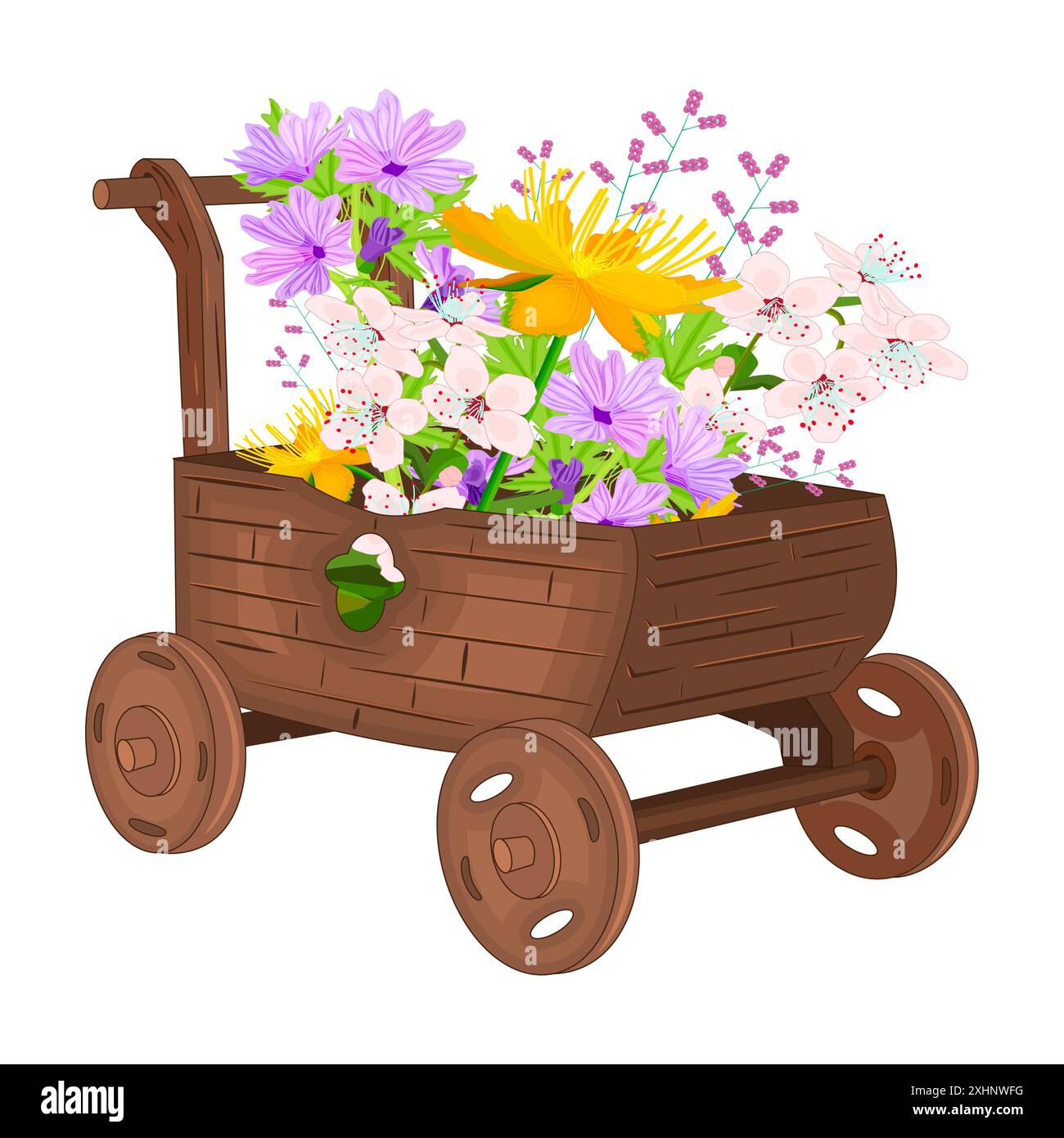 Wooden wheelbarrow full of flowers. Spring bouquet wildflowers in ...