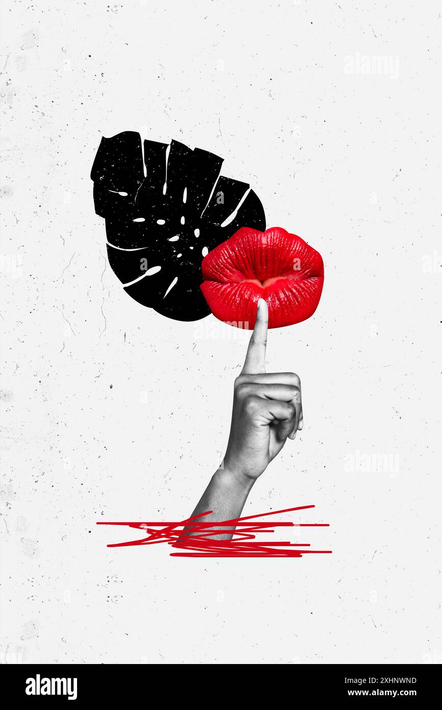 Vertical collage image woman lips mouth pomade makeup show silence ...