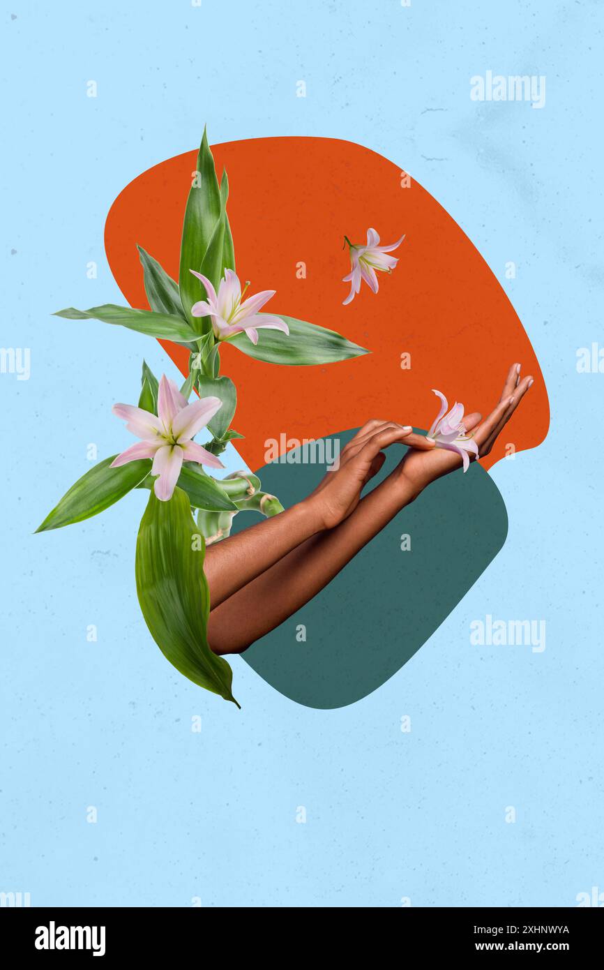 Vertical picture collage young woman hands flora gentle beauty blossom ...