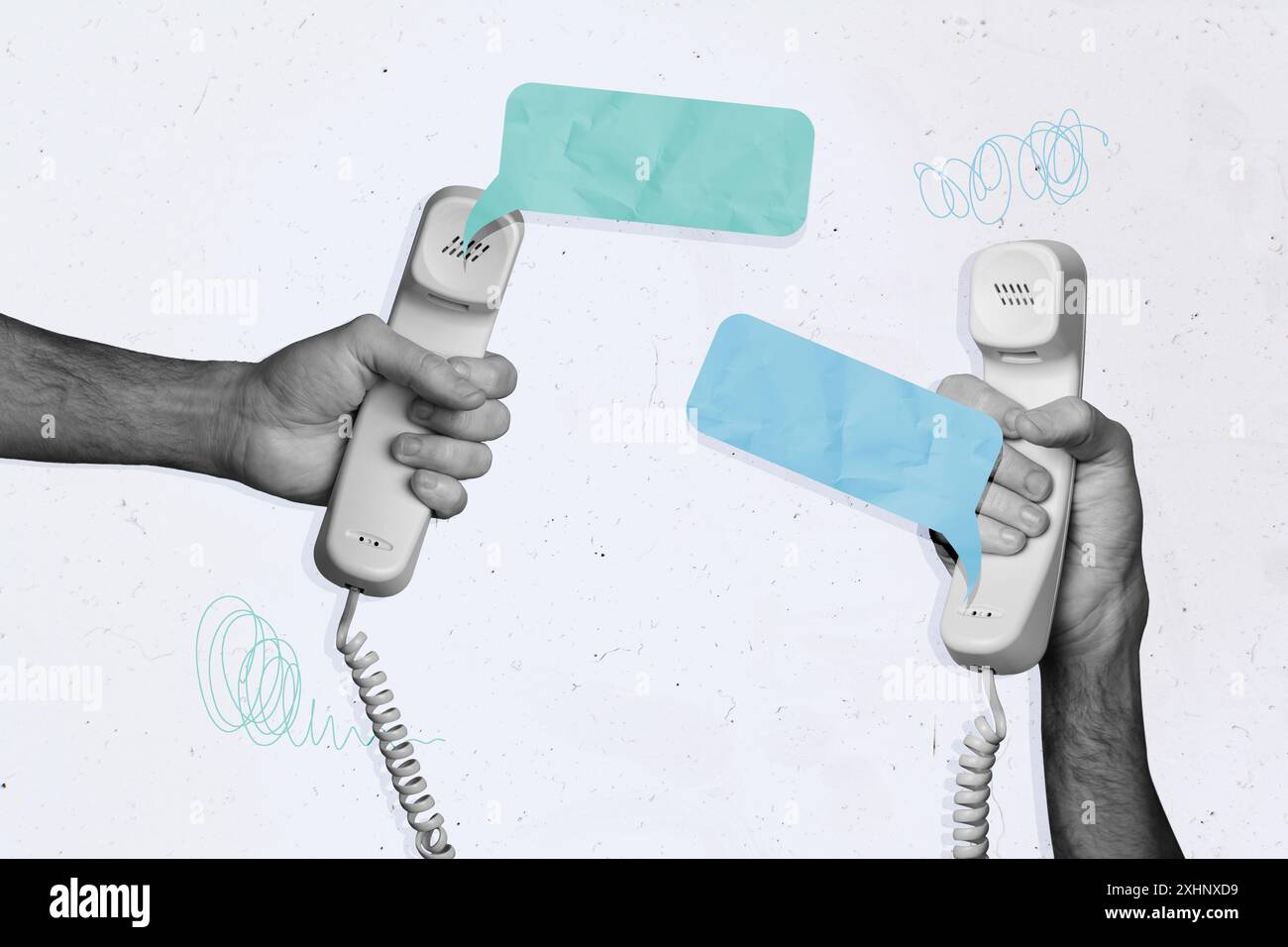 Collage artwork sketch image of arms holding wire telephone bubble ...
