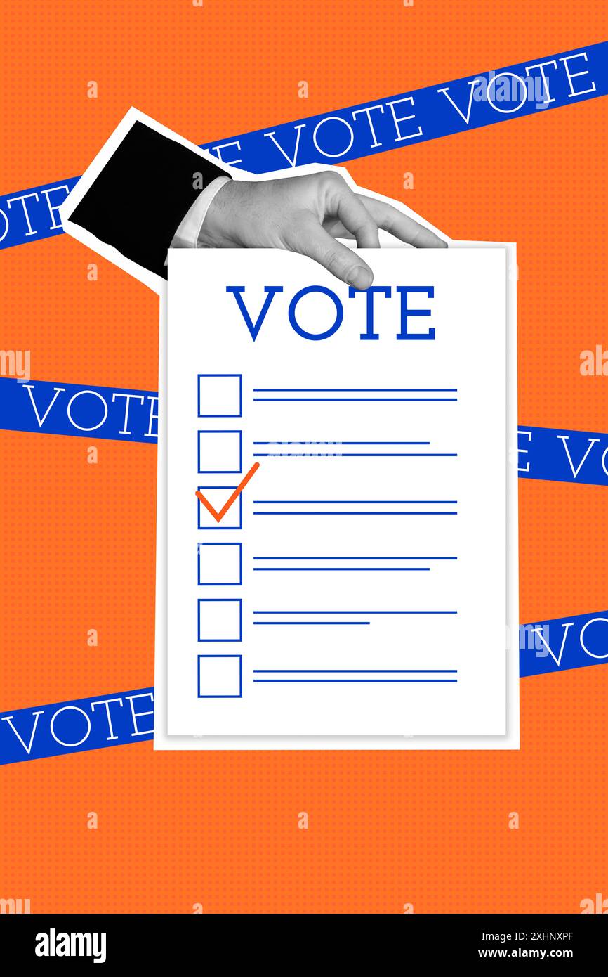 Vertical photo collage of hand hold paper sheet ballot election process ...