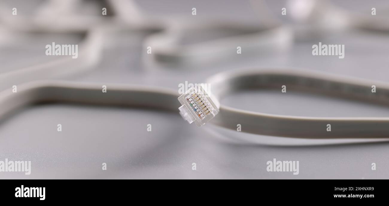 Internet connectors on grey background, cable with plastic clip Stock ...