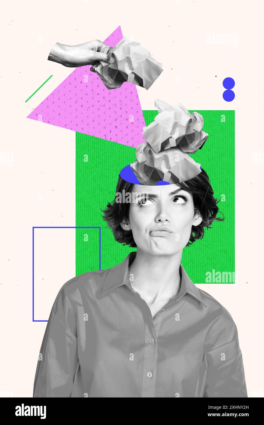 Composite collage picture image of young female brainwashed crumpled ...