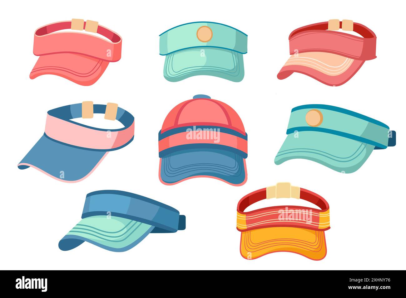 Set of different types of visor caps. Hat with curved brim and a round ...