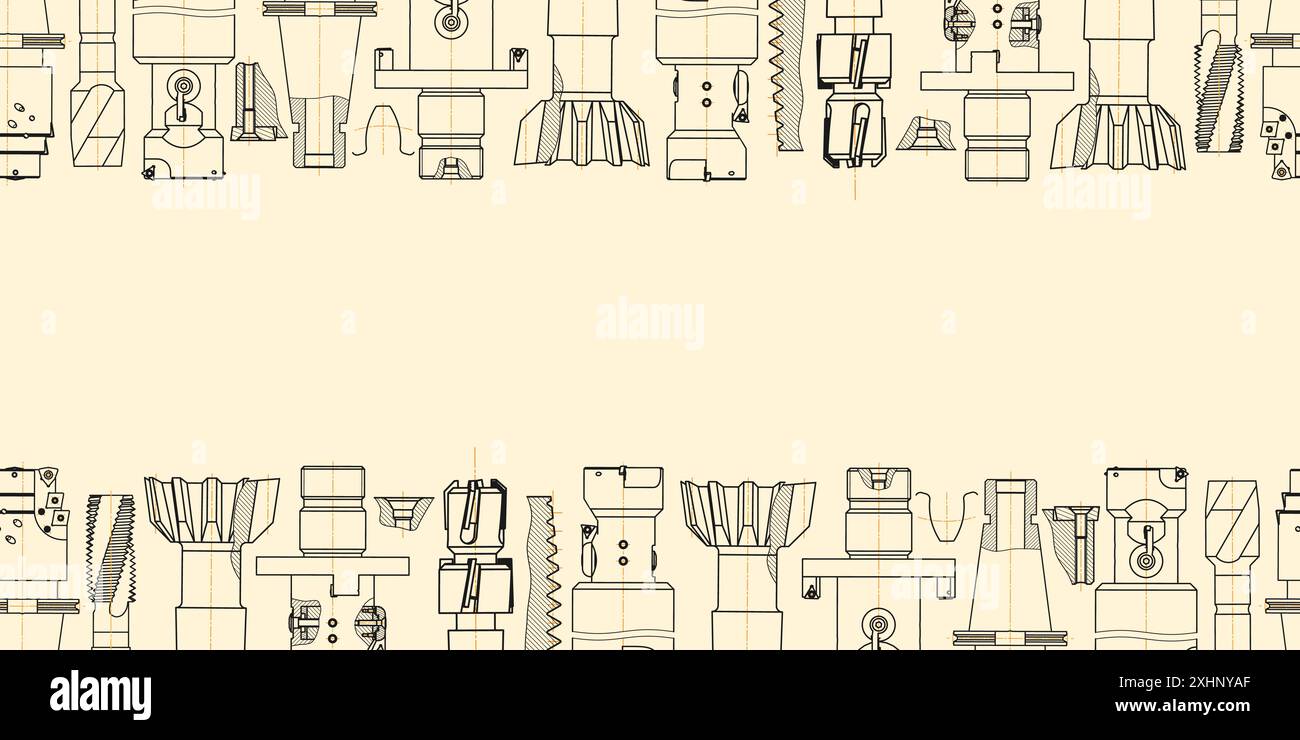 Mechanical engineering drawings on sepia background. Tap tools, borer ...