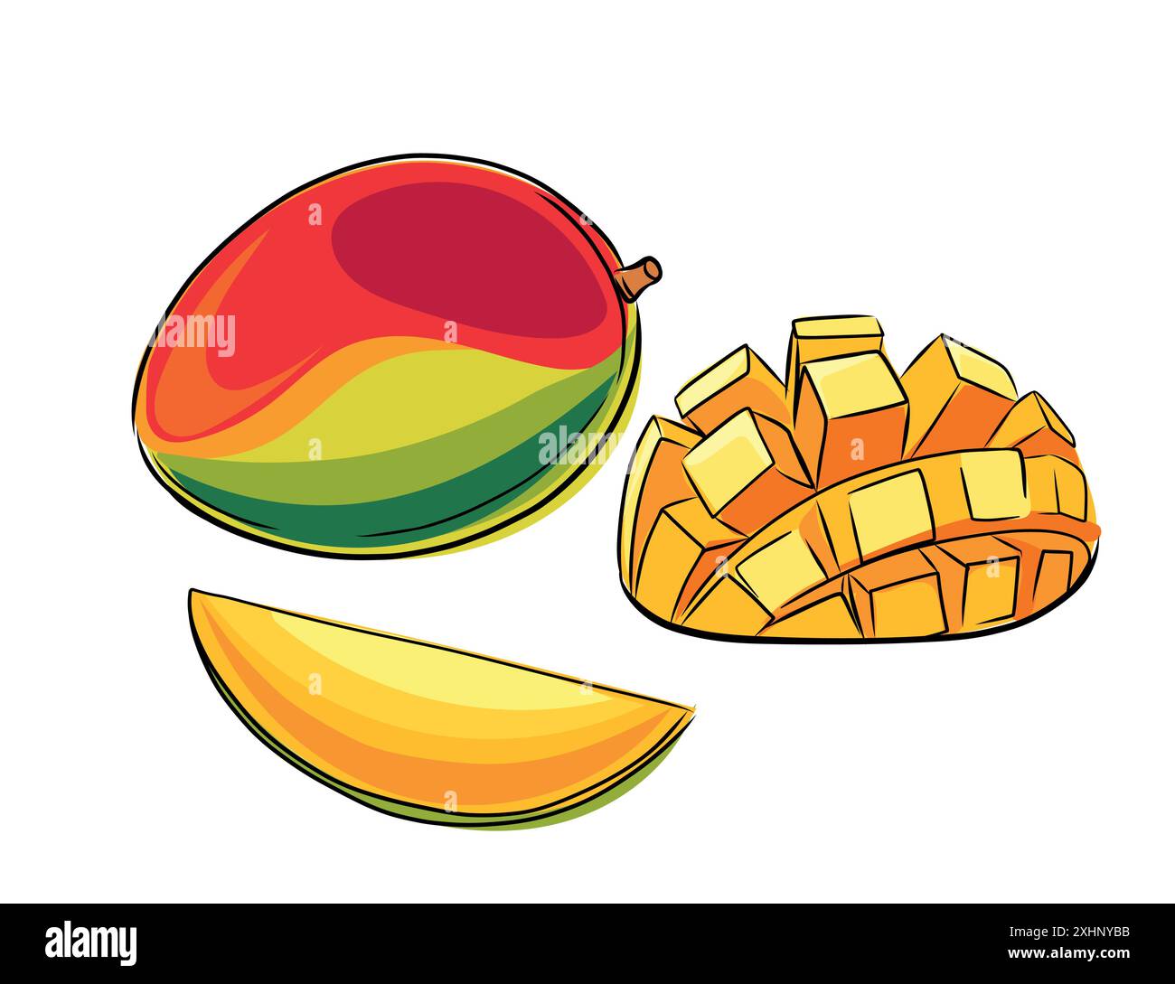 Set of hand drawn fresh green mango fruit. Whole and halved tropical ...
