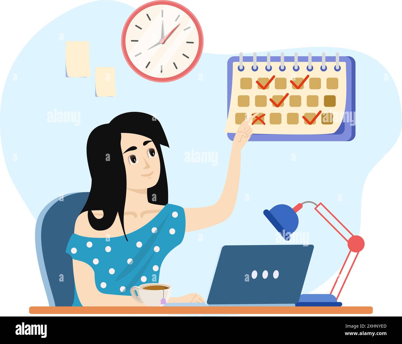 Young woman working from home office and checking her schedule on a ...