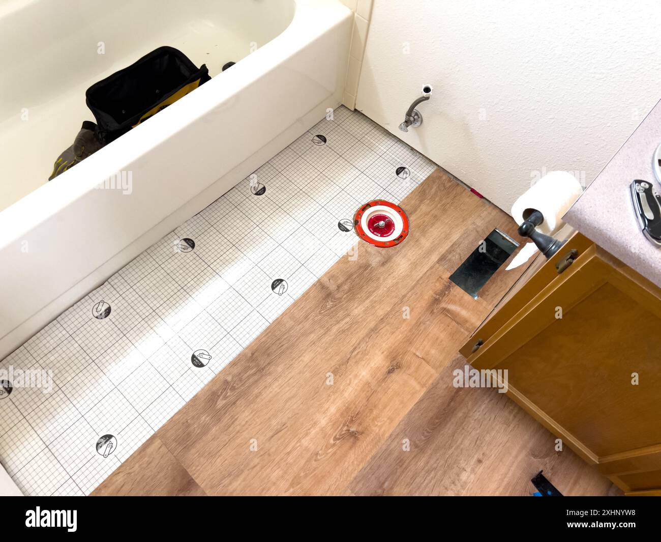 Bathroom Renovation in Progress with New Flooring Stock Photo - Alamy