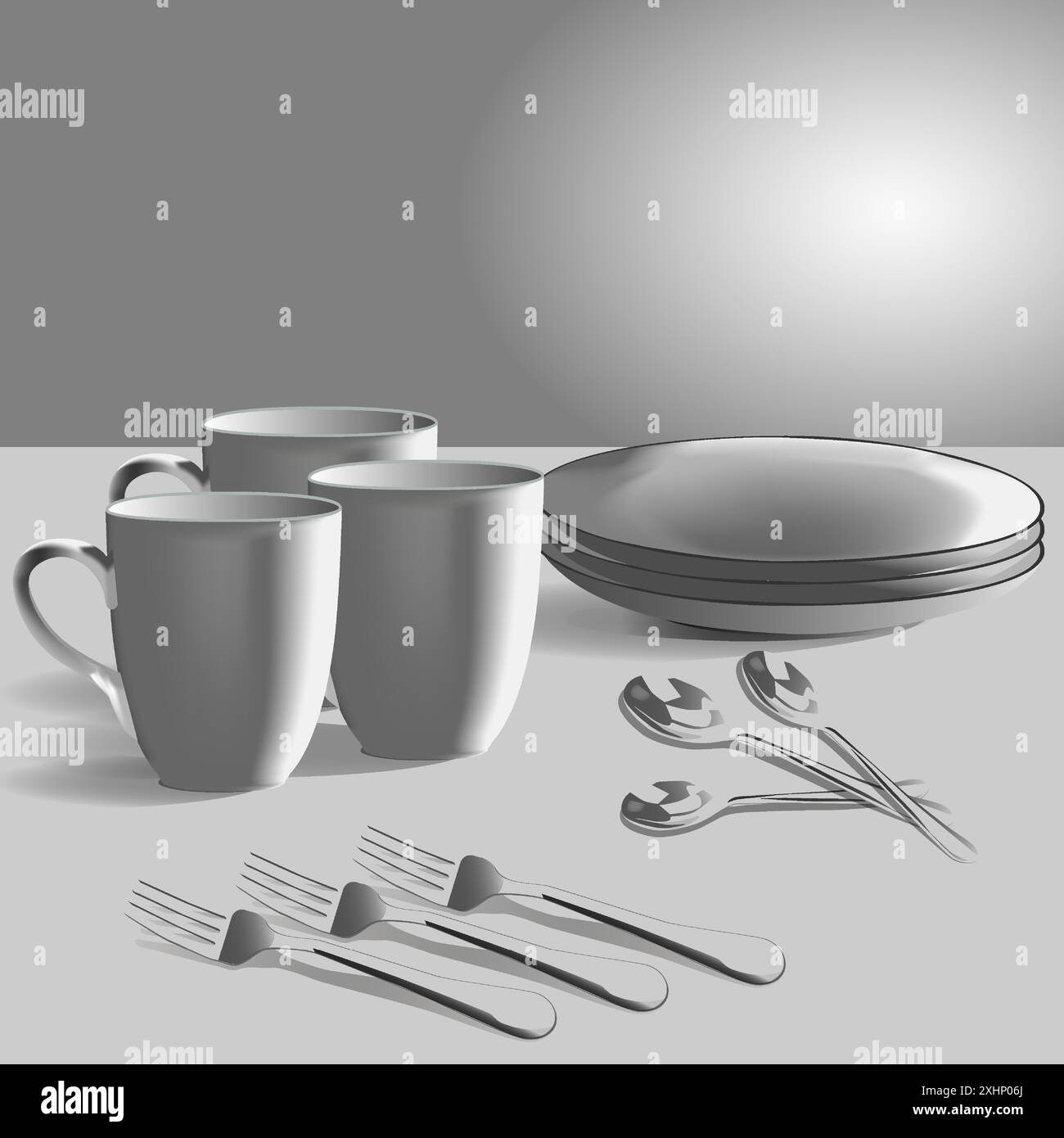 ceramic set of plates and cups steel teaspoons and folks, vector ...