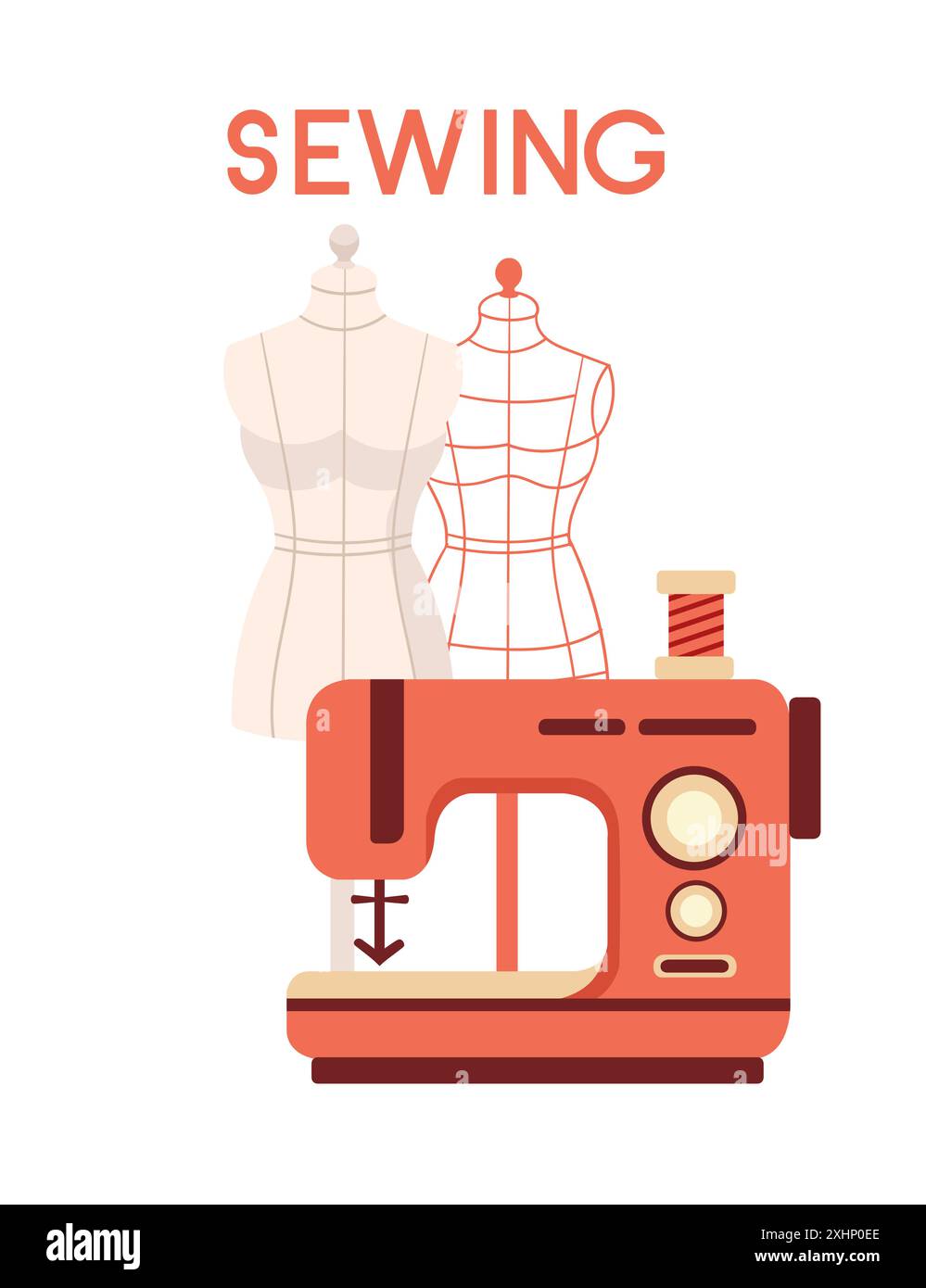 Sewing banner design. Retro red sewing machine with skein of thread and ...