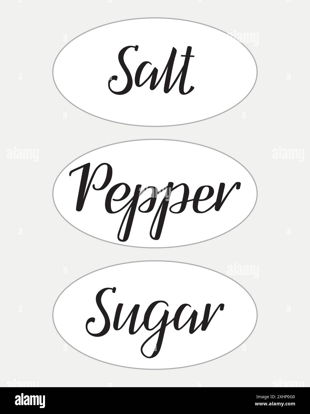 Salt, pepper, sugar. Handwritten stickers for salt, pepper and sugar jars. Inscription in ...