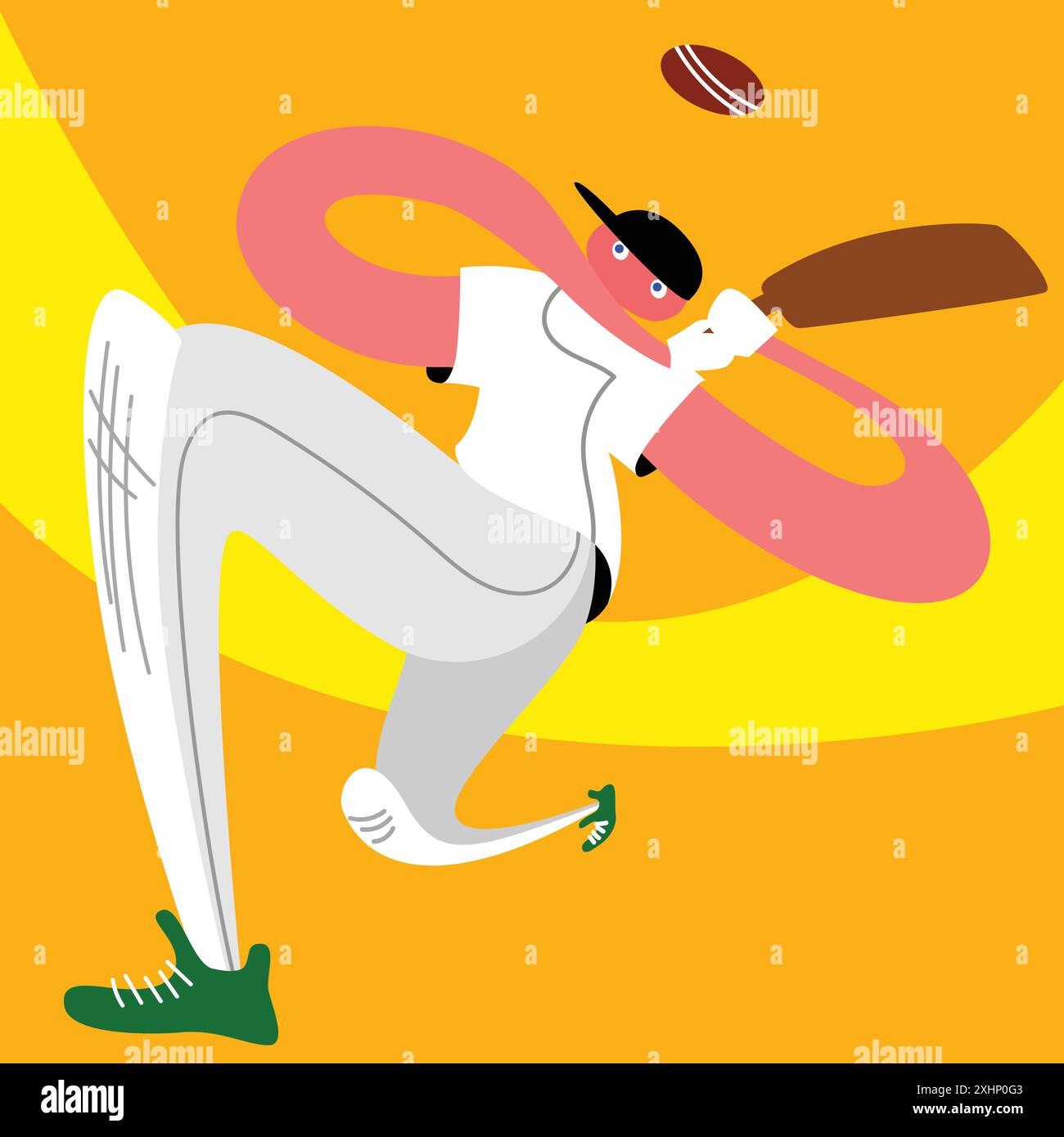Abstract illustration of cricketer with elongated limbs in white ...