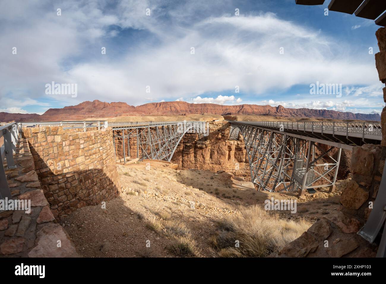 Fisheye view of the Navajo Twin Bridges spanning over the Colorado ...