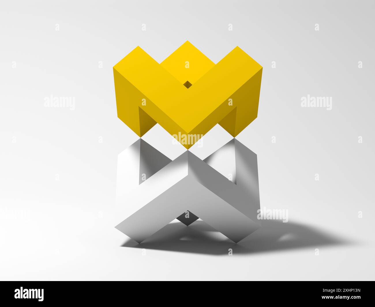 Abstract geometric installation with connected yellow and white cubical ...