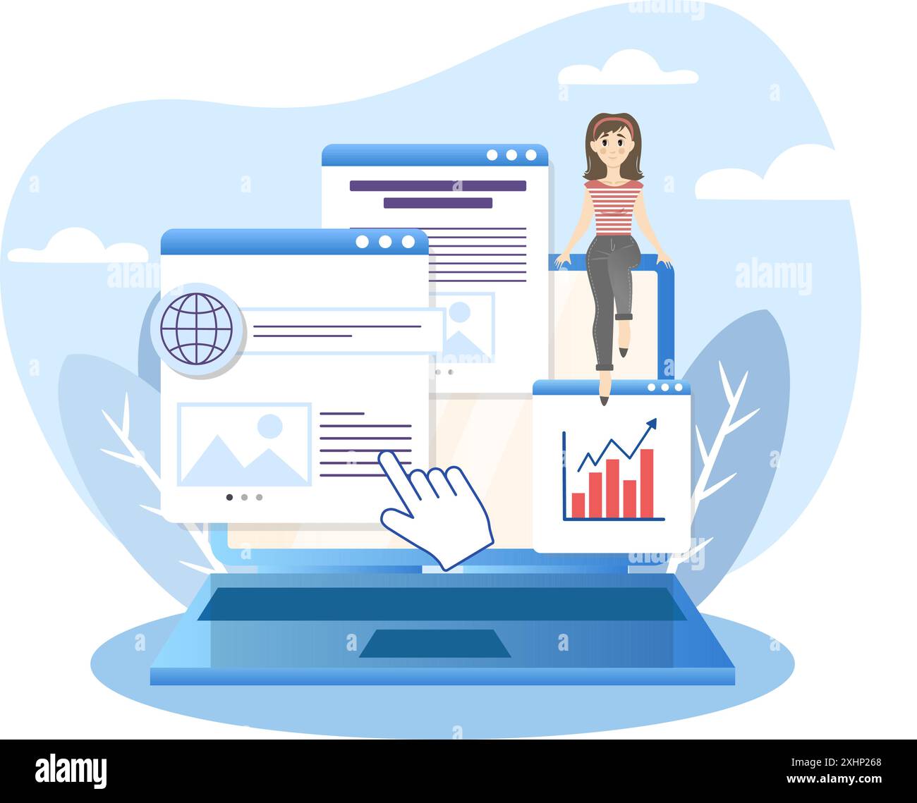 Project manager woman sitting on laptop managing web design project using computer software ...