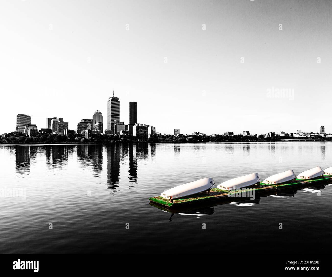 View across the Charles River of Boston's Back Bay skyline in black and ...