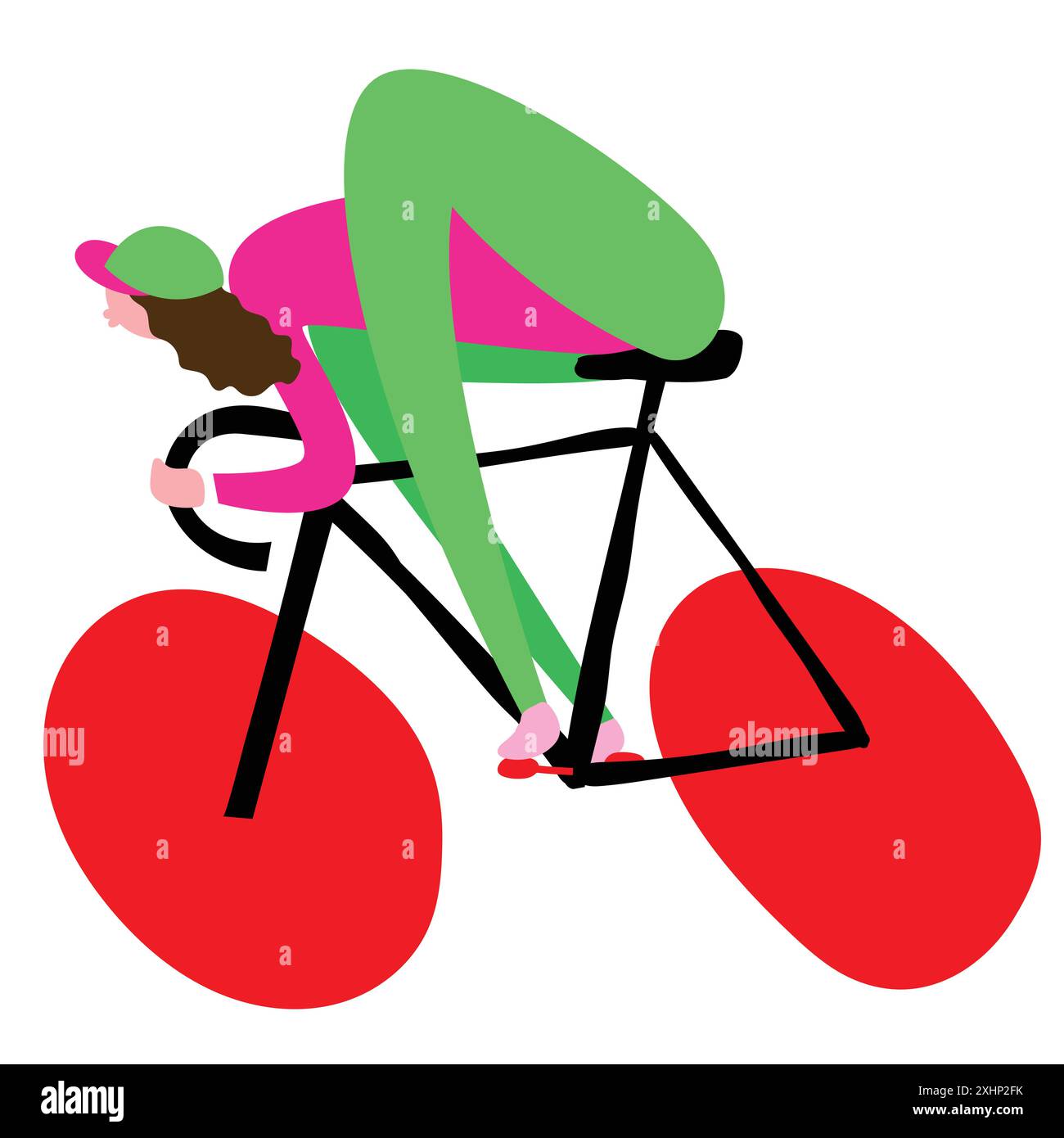 Abstract illustration of cyclist with elongated limbs in pink and green ...
