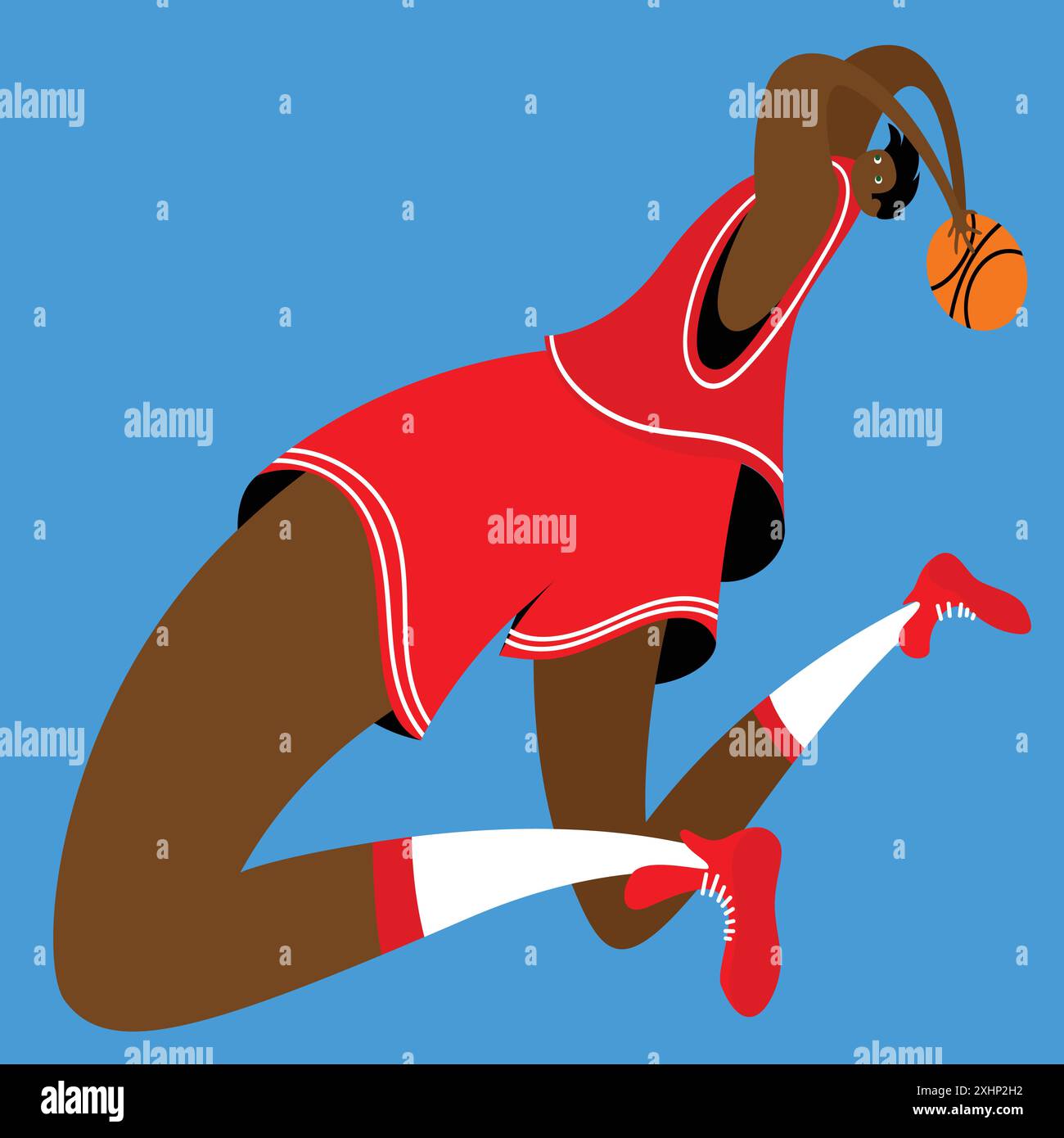 Abstract illustration of basketball player with elongated limbs in red ...
