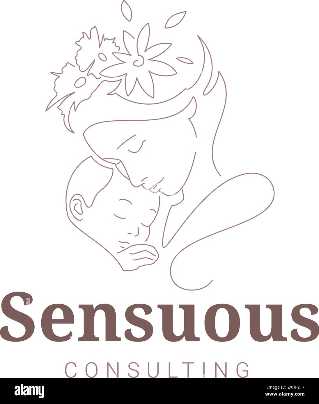 Mother and baby floral blossom portrait continuous line logo design ...