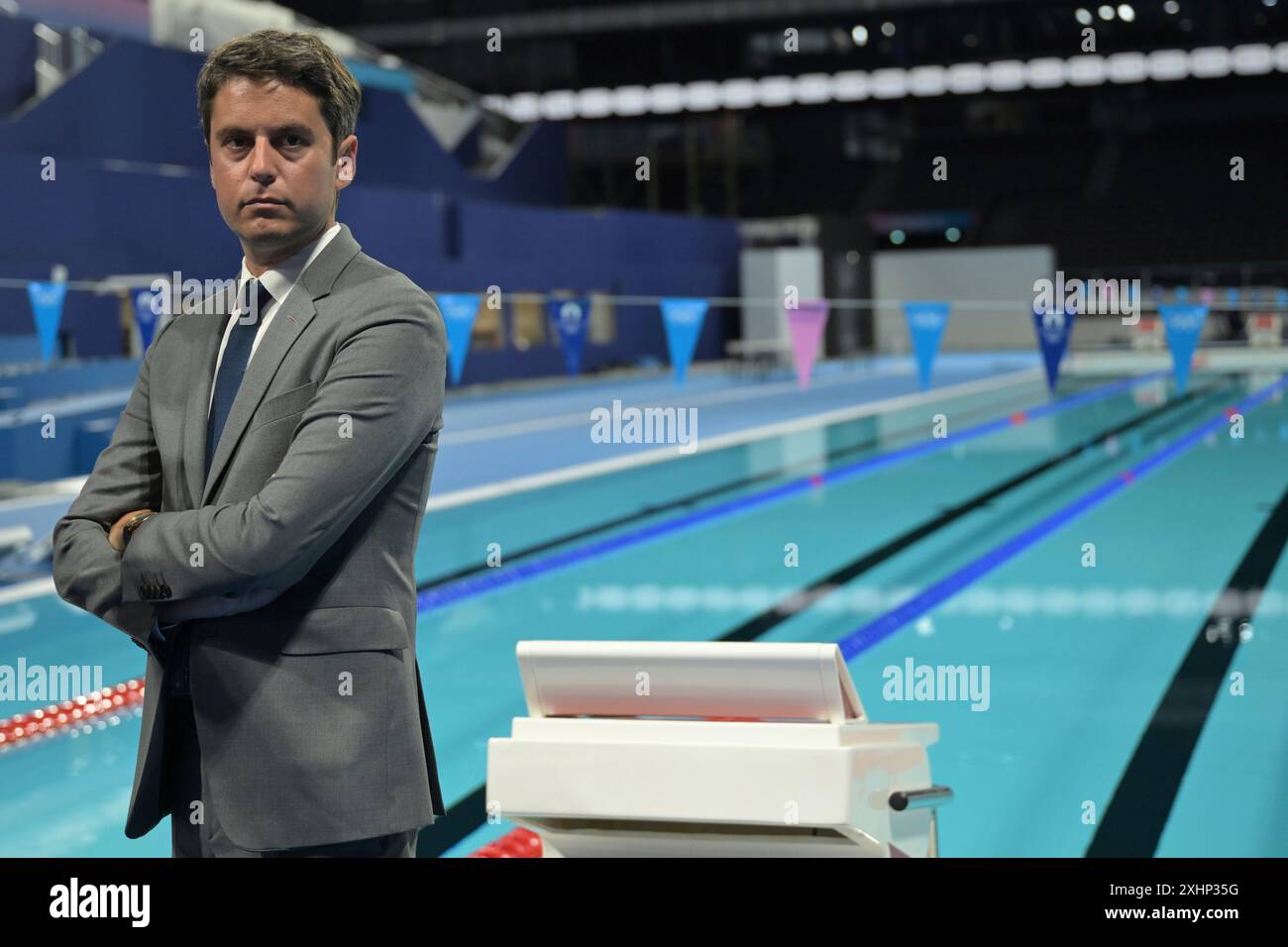 French Prime Minister Gabriel Attal visits the swimming pool for ...