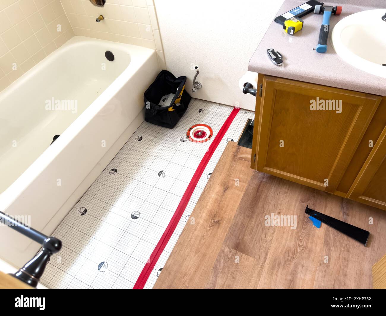 Bathroom Renovation in Progress with New Flooring Stock Photo - Alamy