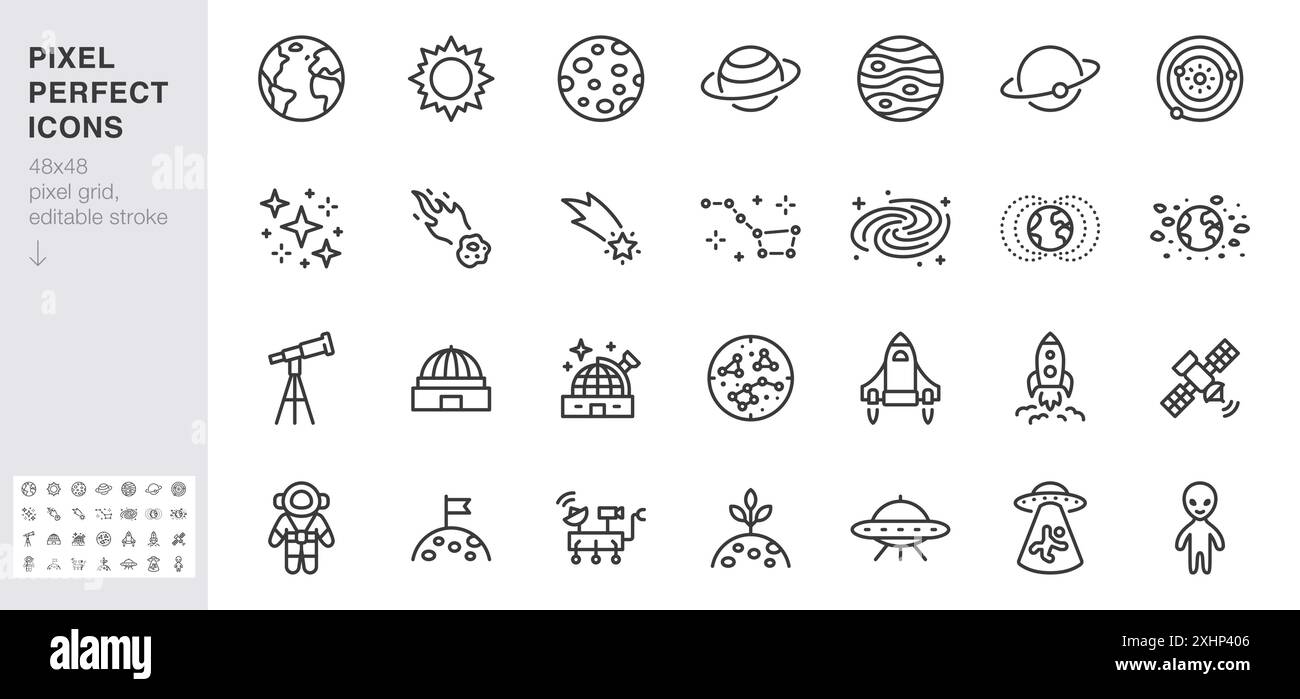 Astronomy line icon set. Space planet, Earth, moon, sun, galaxy, rocket ...