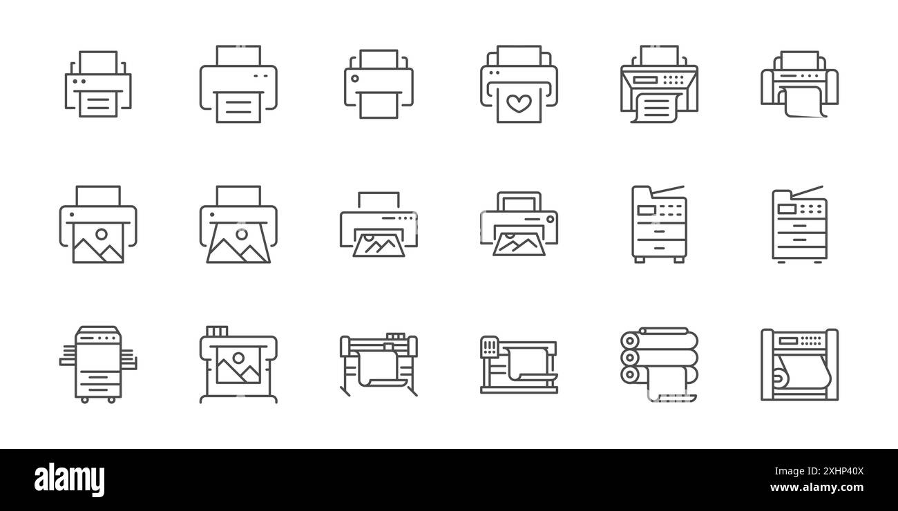 Printer line icon set. Large format printing, plotter, scanner, cutting machine minimal vector ...