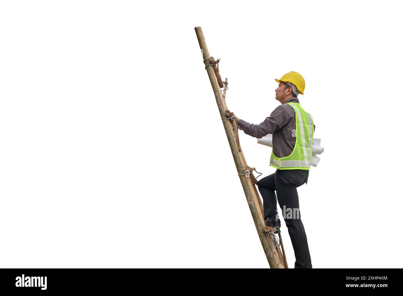 Asian business man construction engineer hold blueprint paper climb on ...