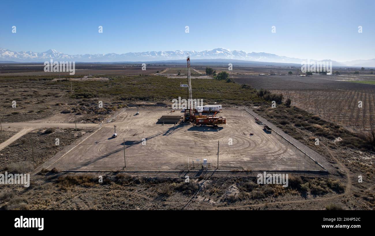 Mendoza, Argentina, July 2, 2024: Aerial view of drilling rig. Andes ...