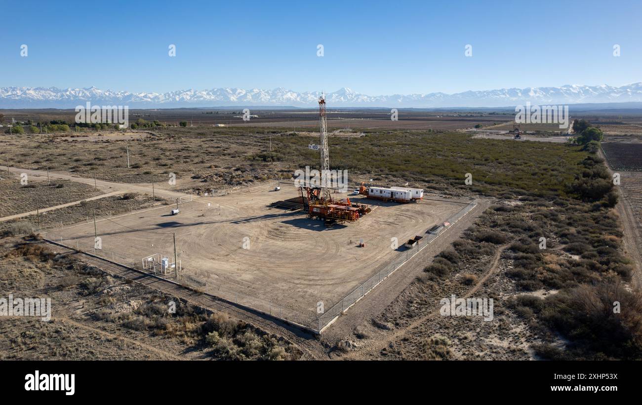 Mendoza, Argentina, July 2, 2024: Aerial view of drilling rig. Andes ...