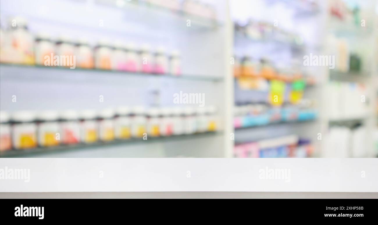 Pharmacy drugstore counter with medicine and vitamin supplement on ...