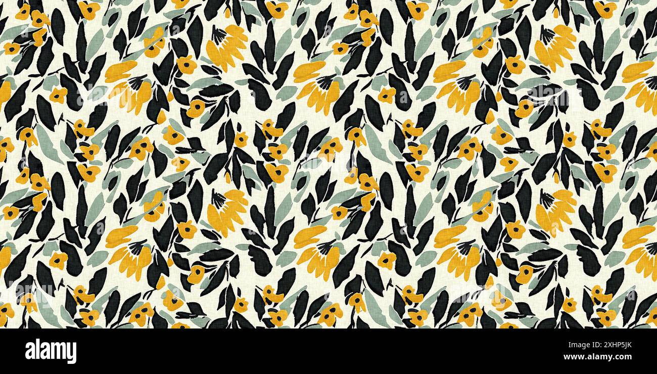 Modern printed fabric flower block print pattern with linen texture ...
