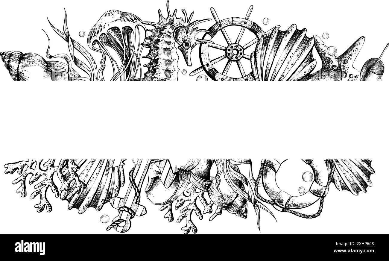 Marine animals with an anchor, a lifebuoy and a steering wheel ...